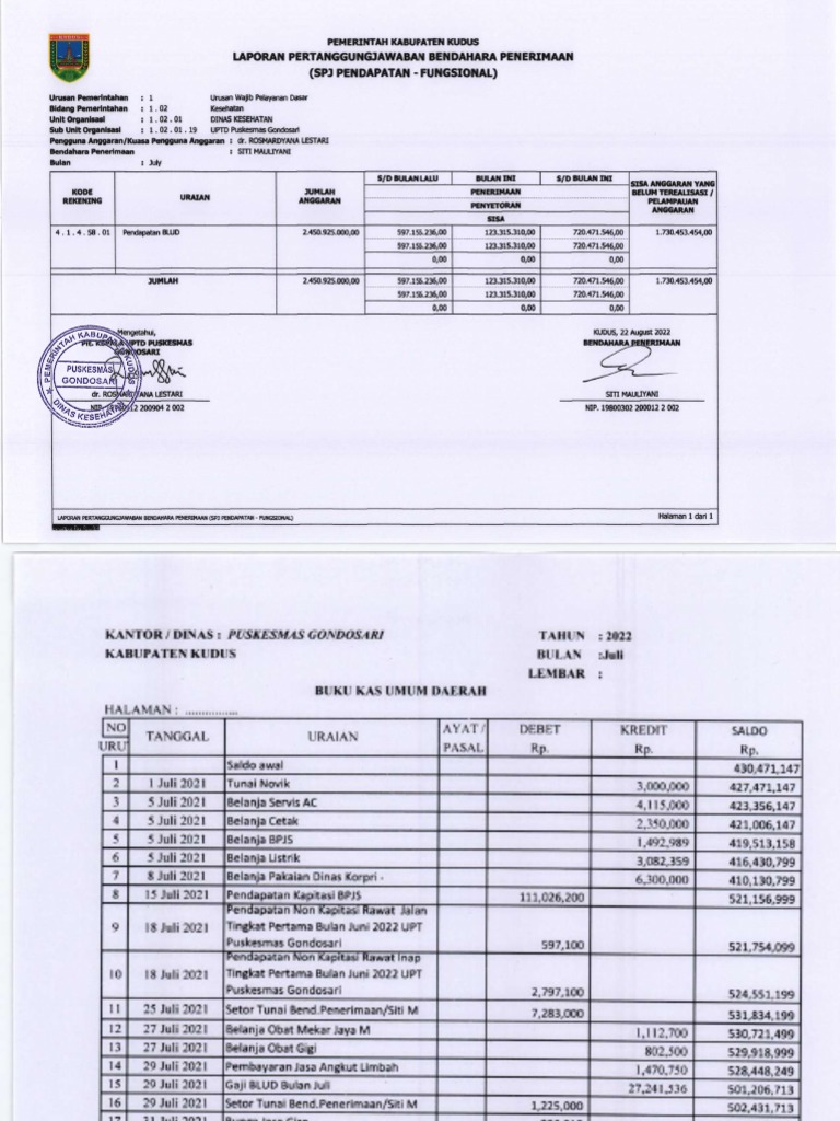 Laporan SPJ Fungsional Penerimaan Bulan Juli 2022 | PDF