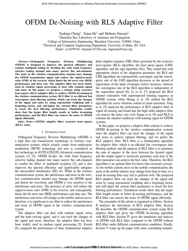 OFDM De-Noising With RLS Adaptive Filter | PDF | Orthogonal Frequency ...