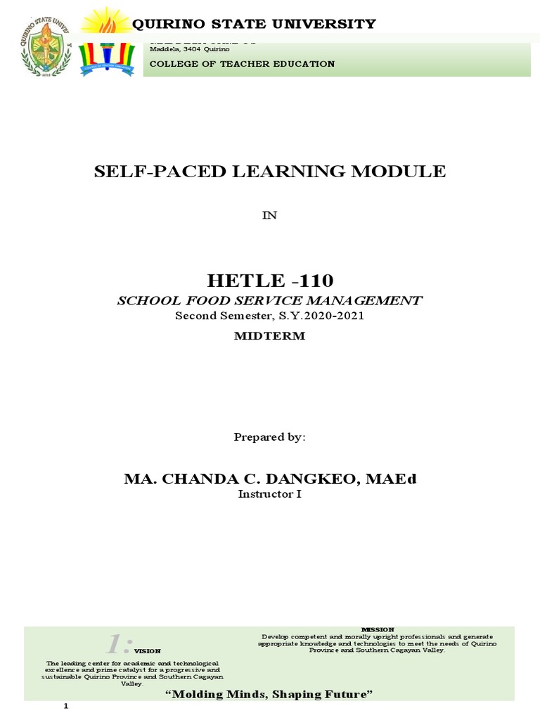 QUIRINO STATE UNIVERSITY SELF-PACED LEARNING MODULE IN SCHOOL FOOD SERVICE MANAGEMENT | PDF ...