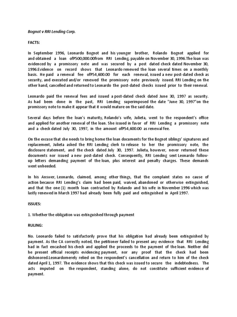 Bognot v RRI Lending Loan Dispute Analysis | PDF | Loans | Promissory Note