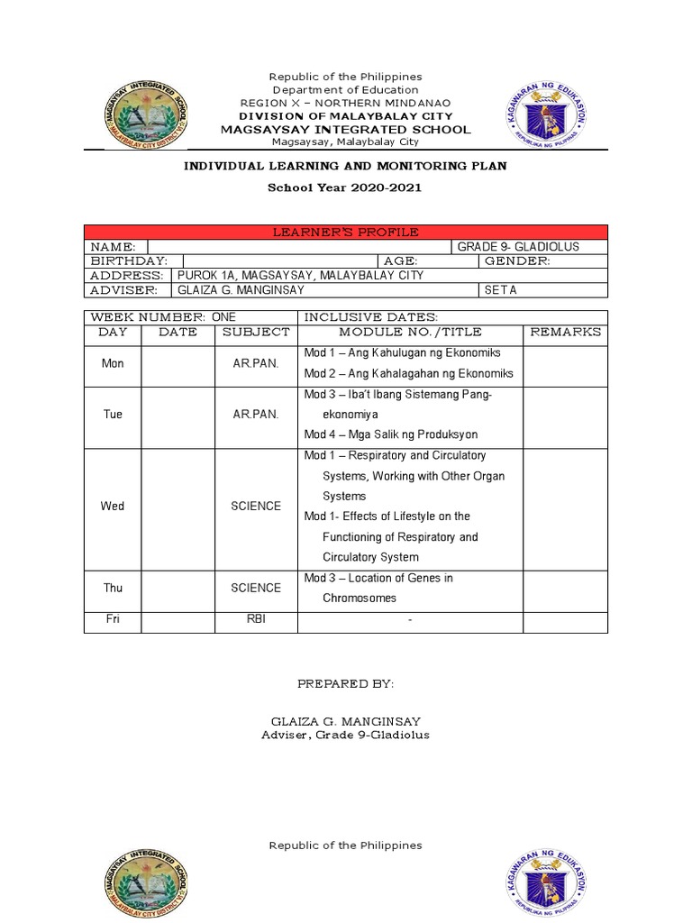 Weekly Individual Learning Plan by Purok | PDF | Classical Music ...