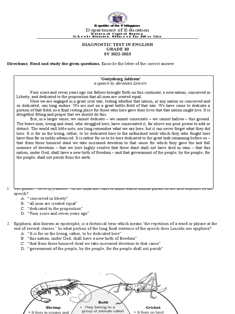Diagnostic Test in English Grade 10 SY 2022-2023 Directions: Read and ...