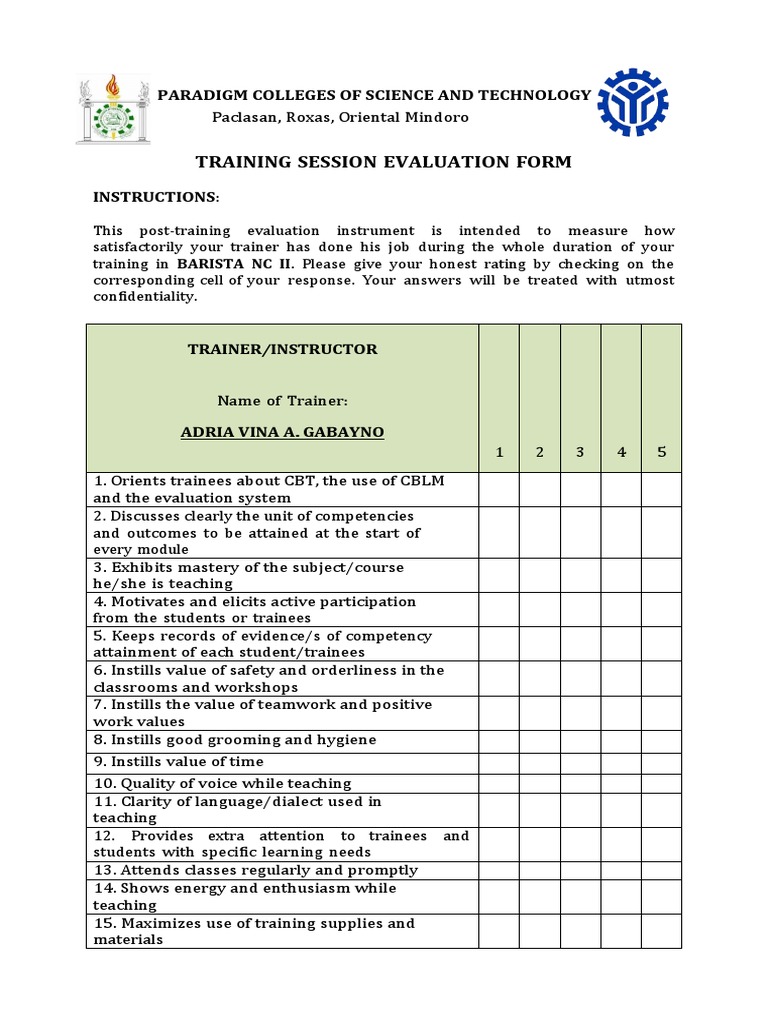 Training Session Evaluation Form: Paradigm Colleges of Science and Technology | PDF ...