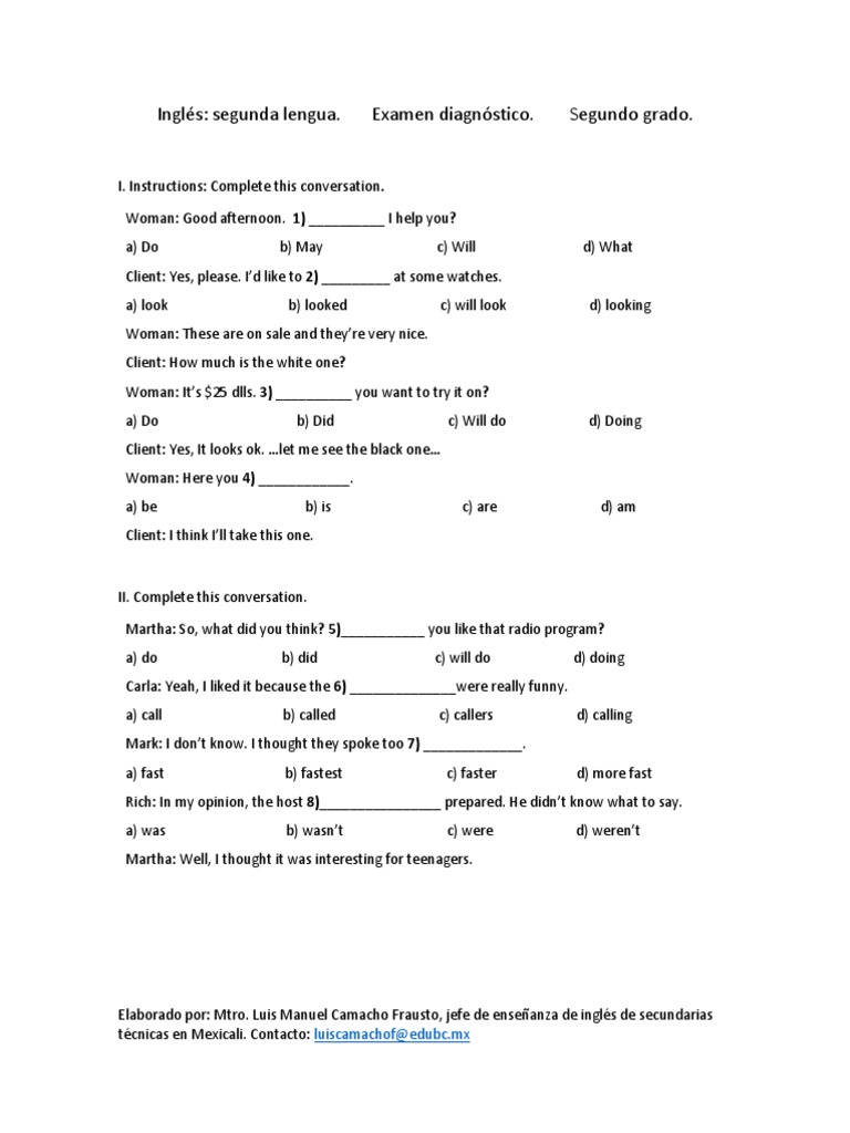Inglés: Segunda Lengua. Examen Diagnóstico. Segundo Grado | PDF