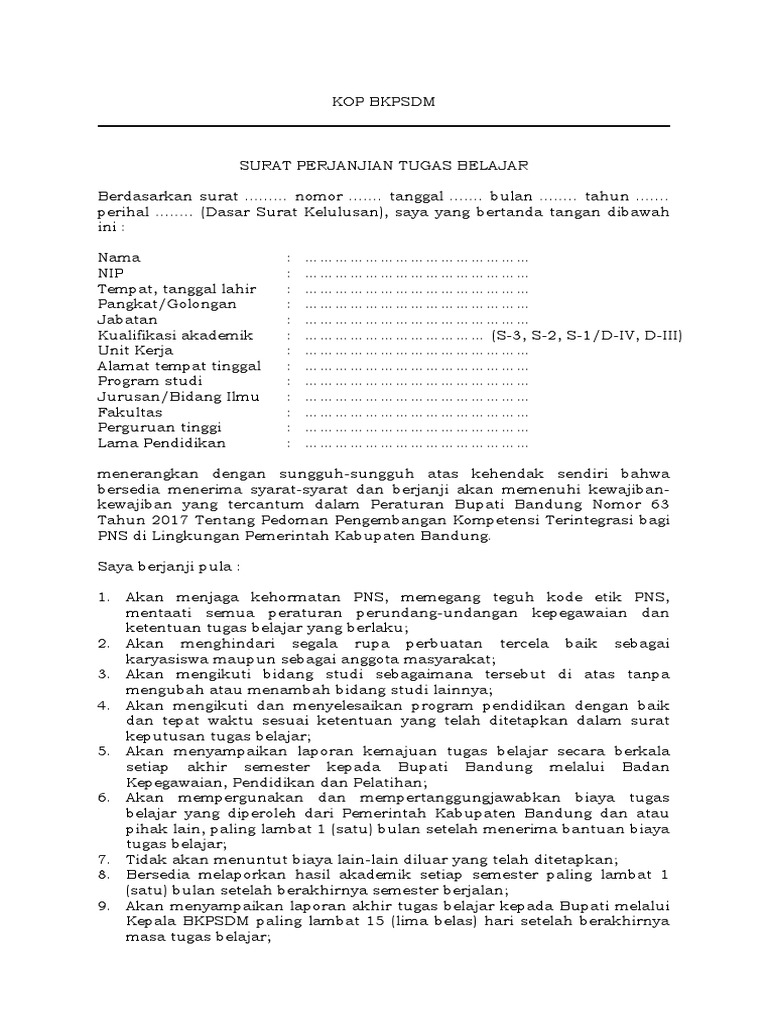 Format Surat Perjanjian Tugas Belajar Bagi Pns Di Lingkungan Pemerintah ...