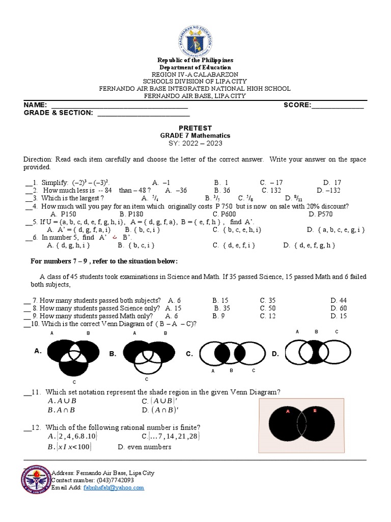 Grade 7 Math Pretest Questions | PDF | Numbers | Arithmetic