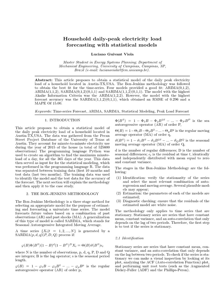 Household Daily Peak Electricity Load Forecasting With Statistical Models Pdf Autoregressive