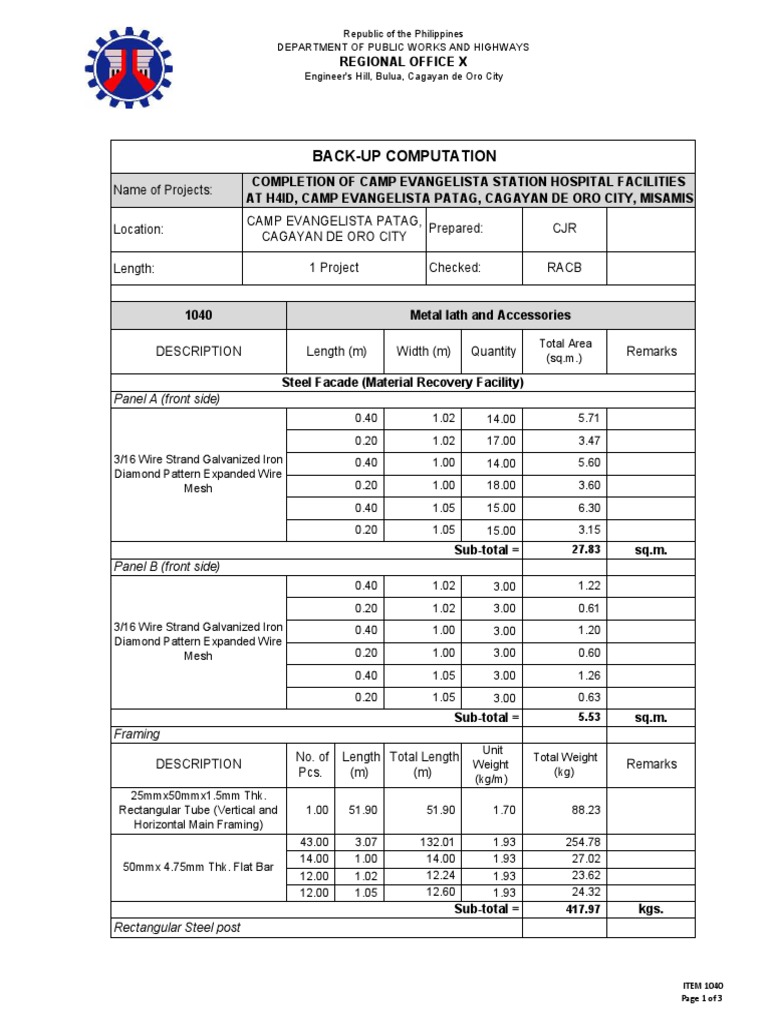Back-Up Computation: Name of Projects: Camp Evangelista Patag, Cagayan de Oro City Prepared: CJR ...