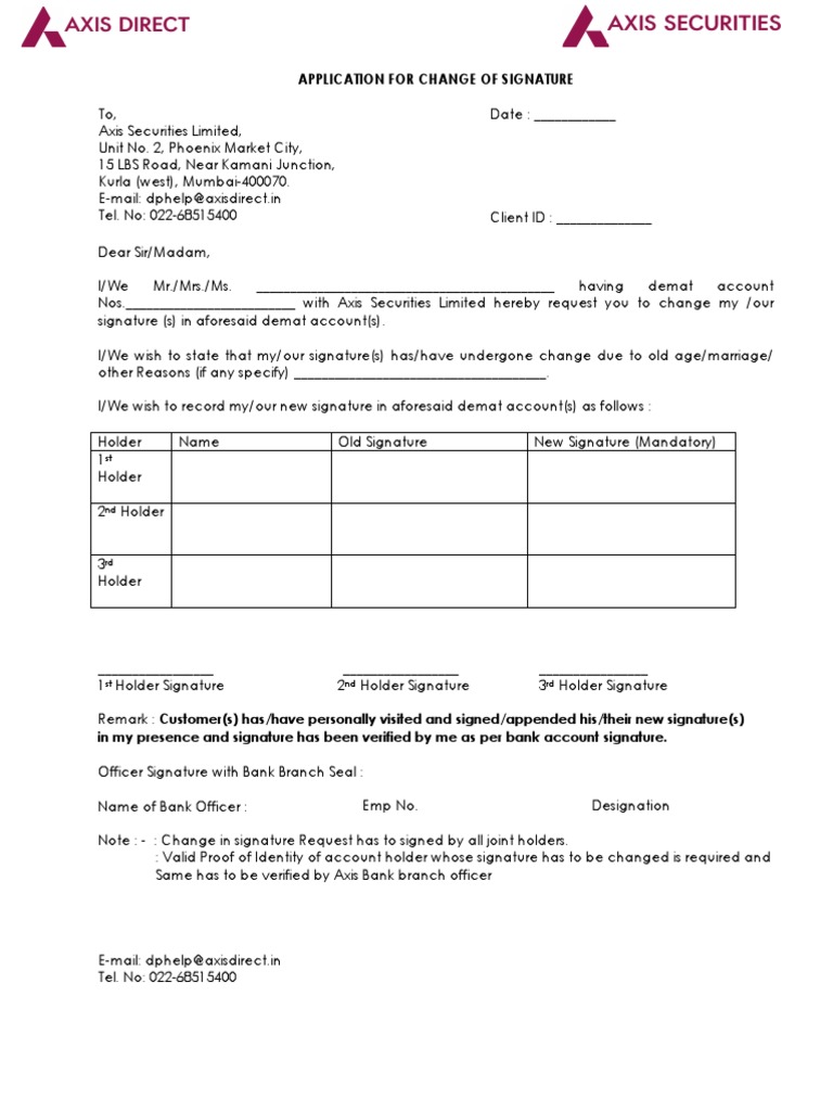 Axis Bank Signature Change Application | PDF
