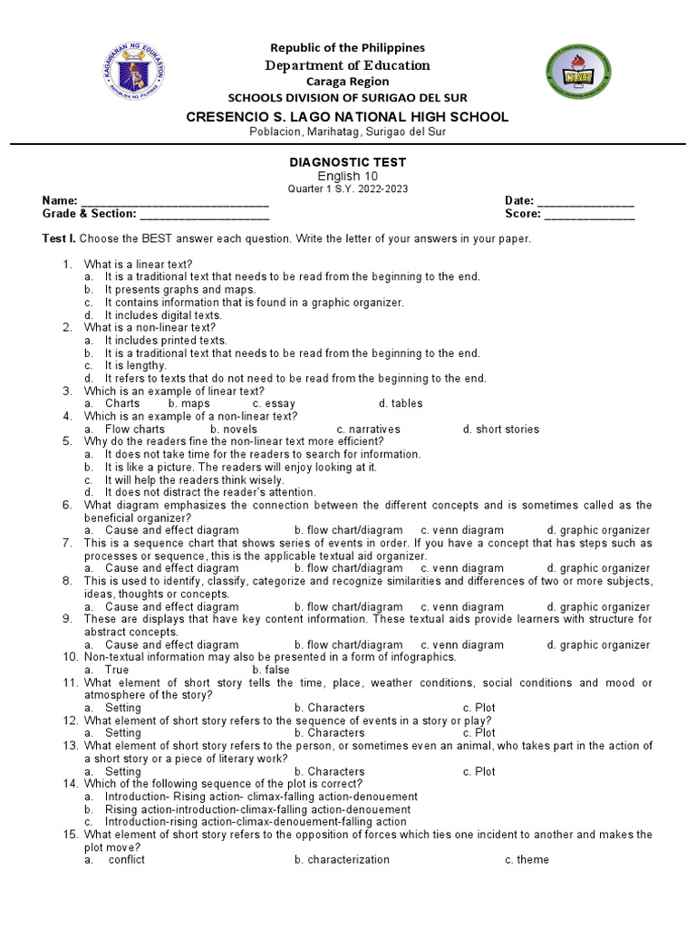 DIAGNOSTIC TEST Grade 10 | PDF | Essays | Causality