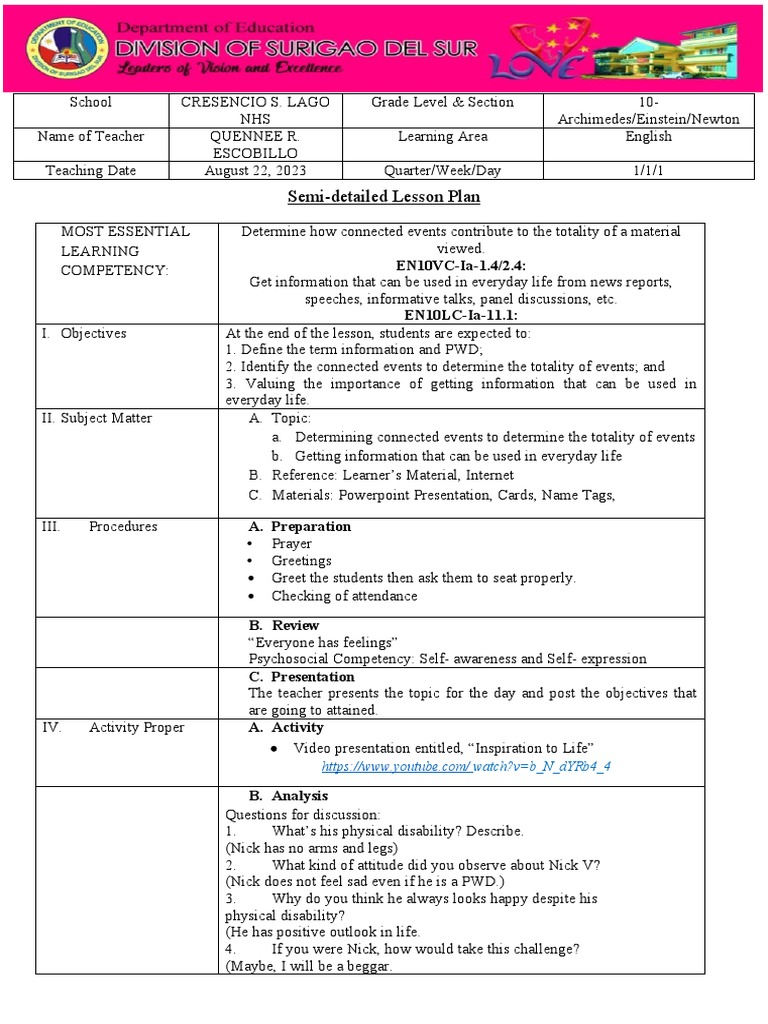 Semi-Detailed Lesson Plan: EN10VC-Ia-1.4/2.4: EN10LC-Ia-11.1 | PDF ...