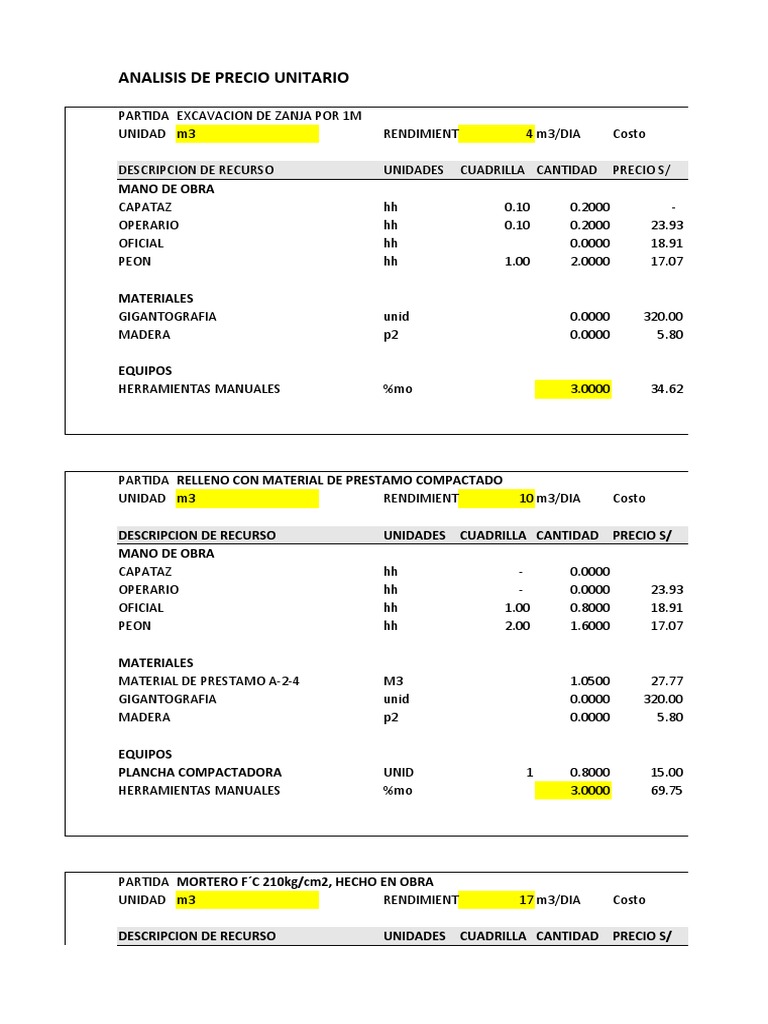 Analisis de Precio Unitario | PDF | Materiales | edificio