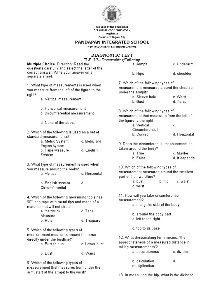 TCNHS - DIAGNOSTIC-Test-Dressmaking 7&8 | PDF | Measurement | Metrology