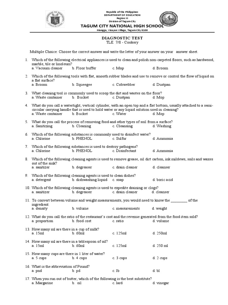 Diagnostic Test on Basic Cleaning Tools, Agents, and Measurement ...