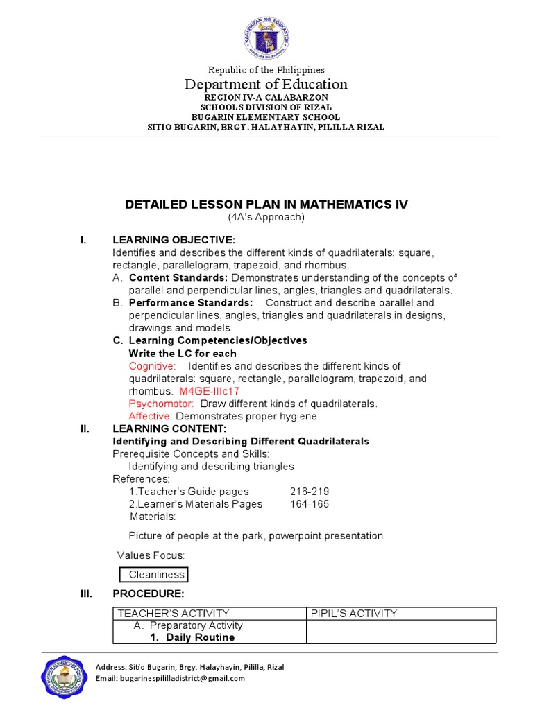 COT 1 DEMO LESSON PLAN IN MATH 4 IDENTIFIES AND DESCRIBES DIFFIRENT ...