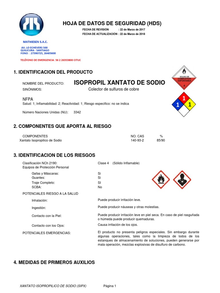 MSDS Xantato Isopropilico de Sodio (Sipx) | PDF | Agua | Respiración