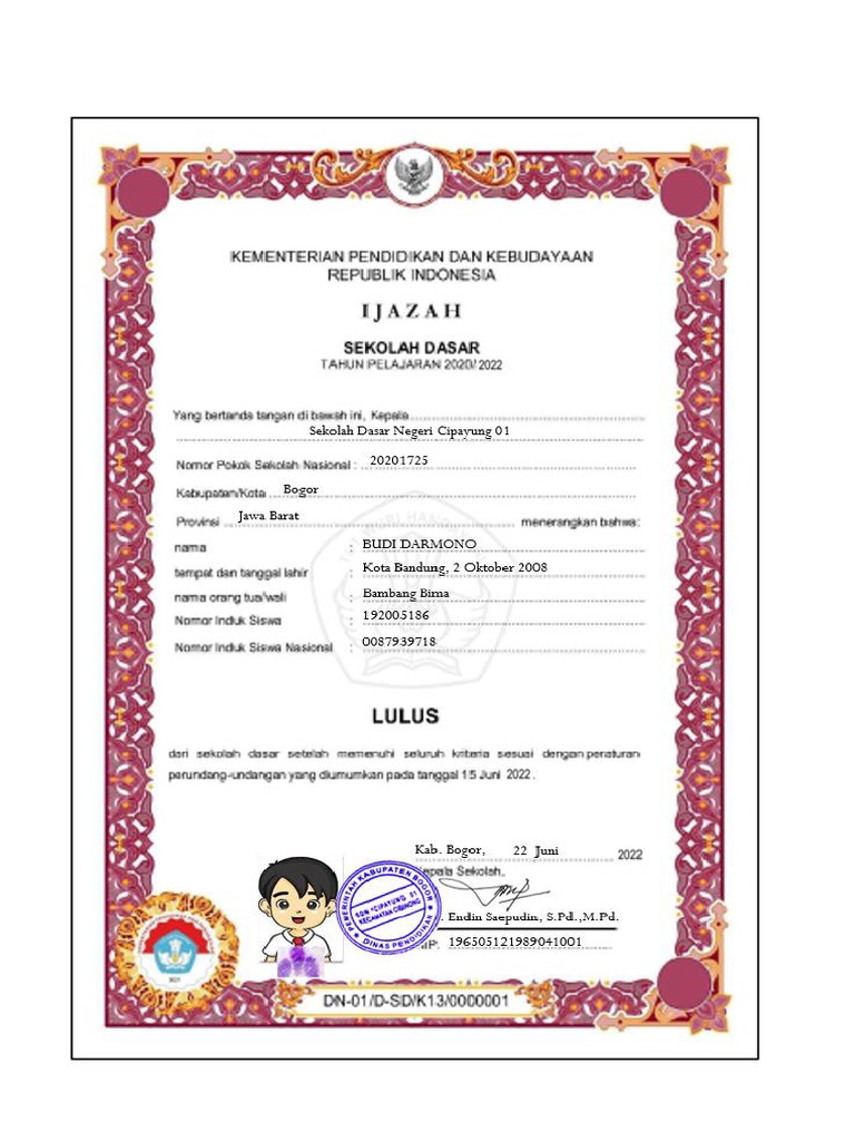 Contoh Ijazah SD 2022 Final | PDF