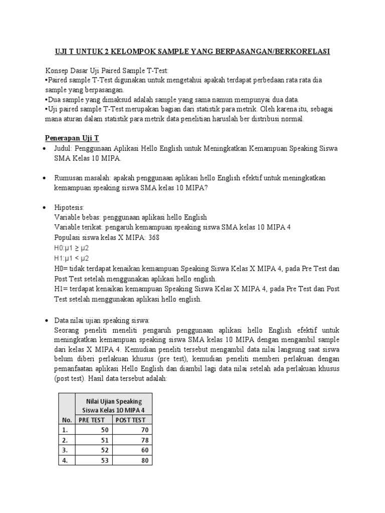 Uji T Untuk 2 Kelompok Sample Yang Berpasangan | PDF