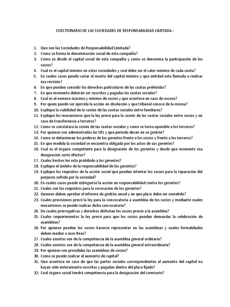 Cuestionario de Las Sociedades de Responsabilidad Limitada | PDF | Gobierno