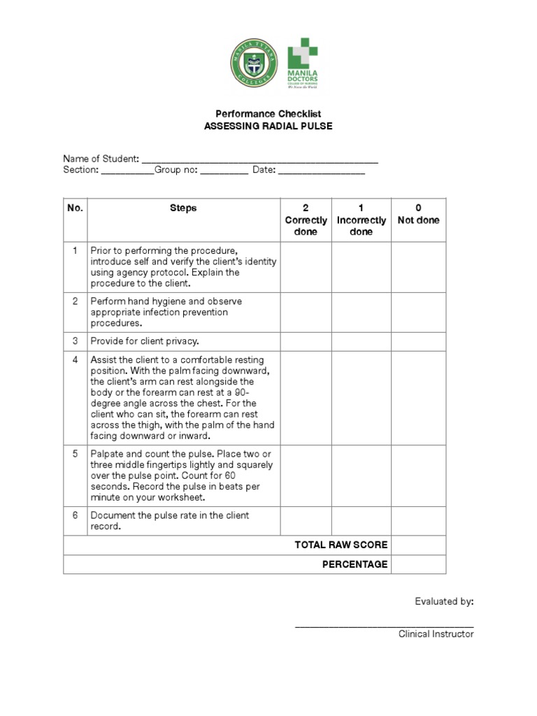 NCM 103 RLE Checklist - Pulse Rate | PDF