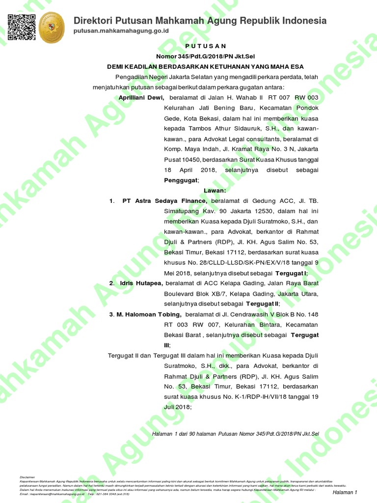 Putusan 345 PDT.G 2018 PN JKT - Sel 20201203 | PDF