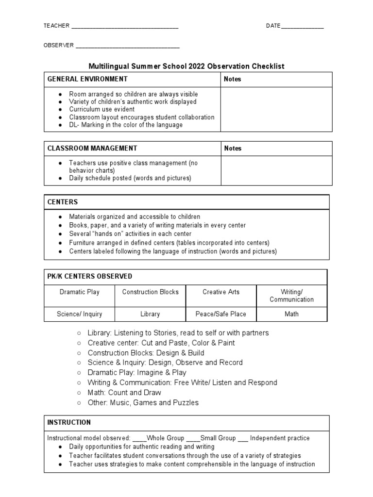 Checklist For Teacher Observations 2022-1 | PDF