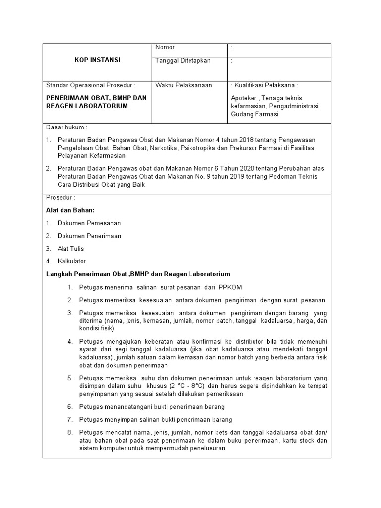 SOP Penerimaan Obat Dan BMHP | PDF