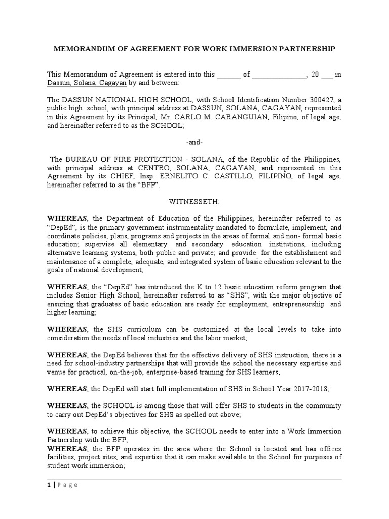 Memorandum Of Agreement For Work Immersion Partnership Bfp Pdf