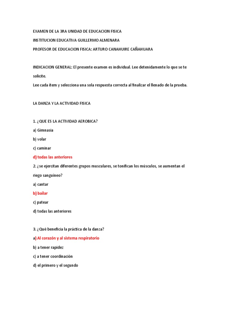 Examen de La 3ra Unidad de Educacion Fisica | PDF
