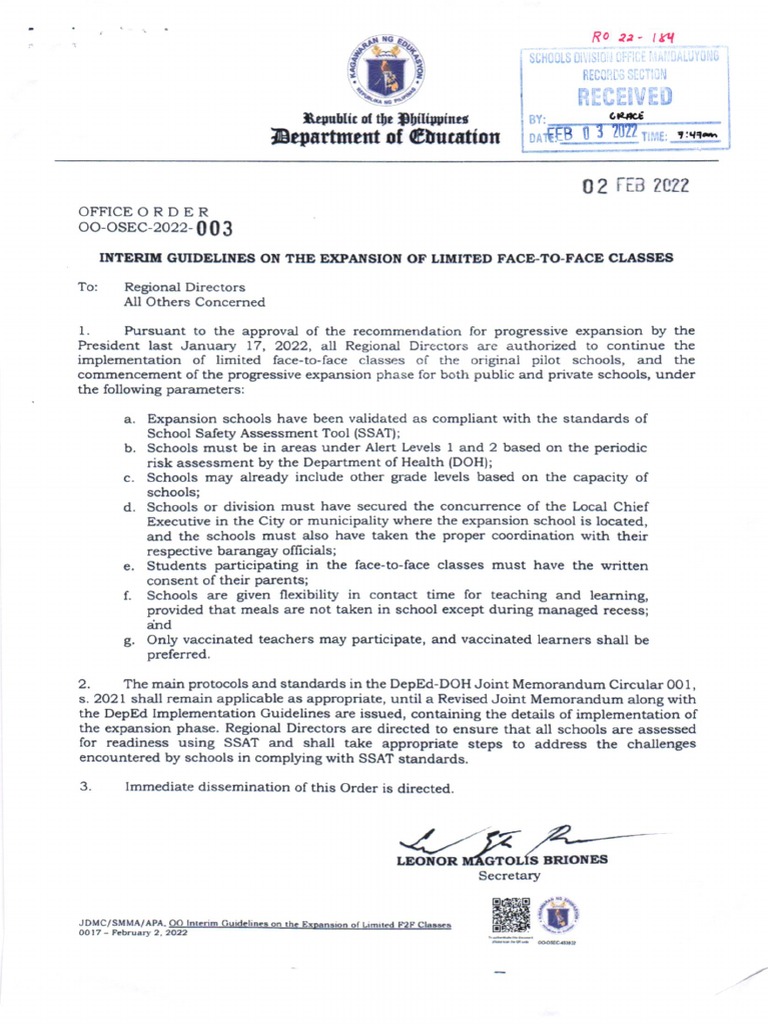 DM No. 065 S. 2022. Interim Guidelines On The Expansion of Limited Face To Face Classes | PDF