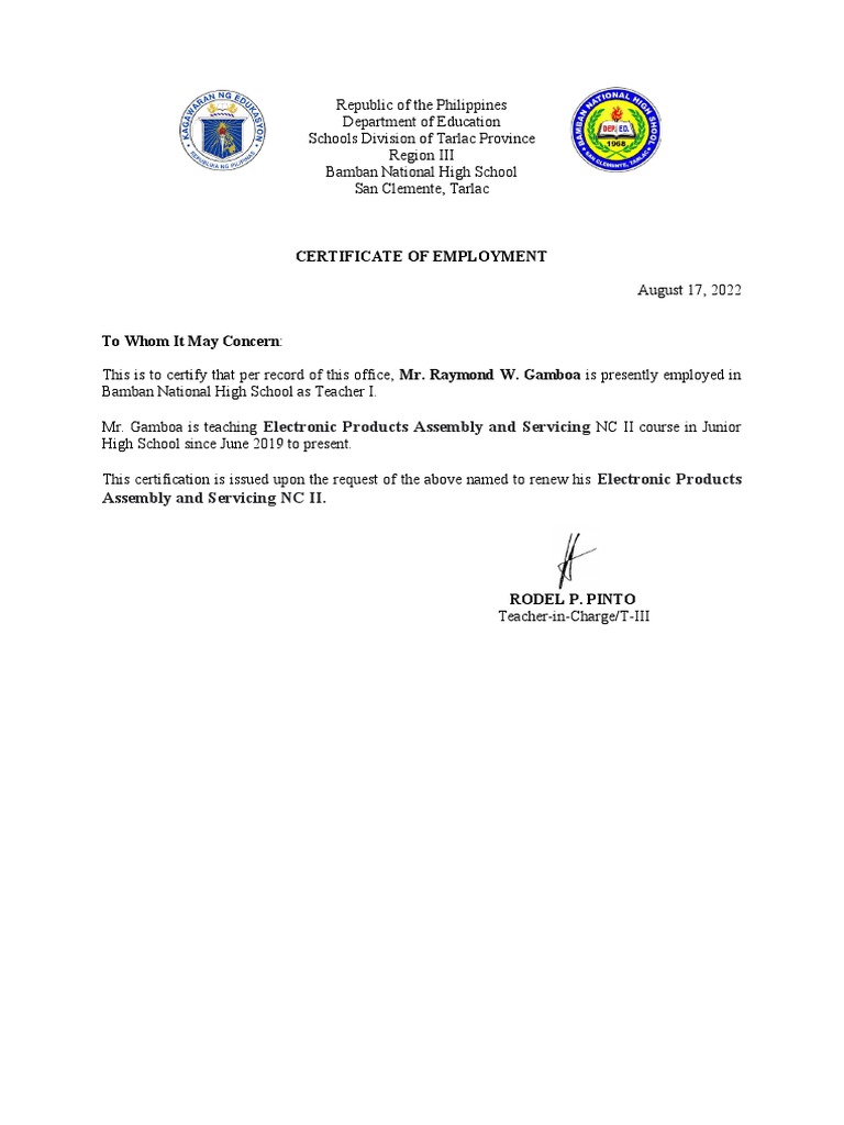 COE For Tesda Certs Renewal | PDF