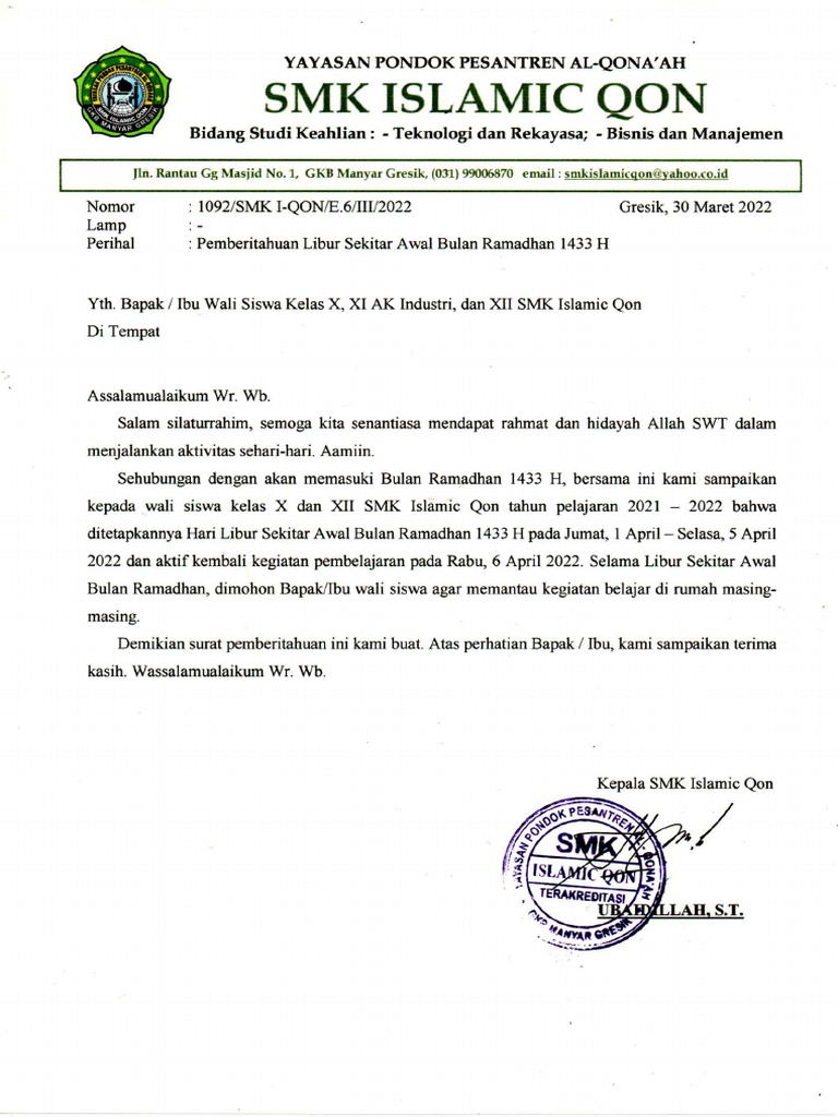Edaran Libur Awal Puasa | PDF Edaran Libur Awal Puasa | PDF