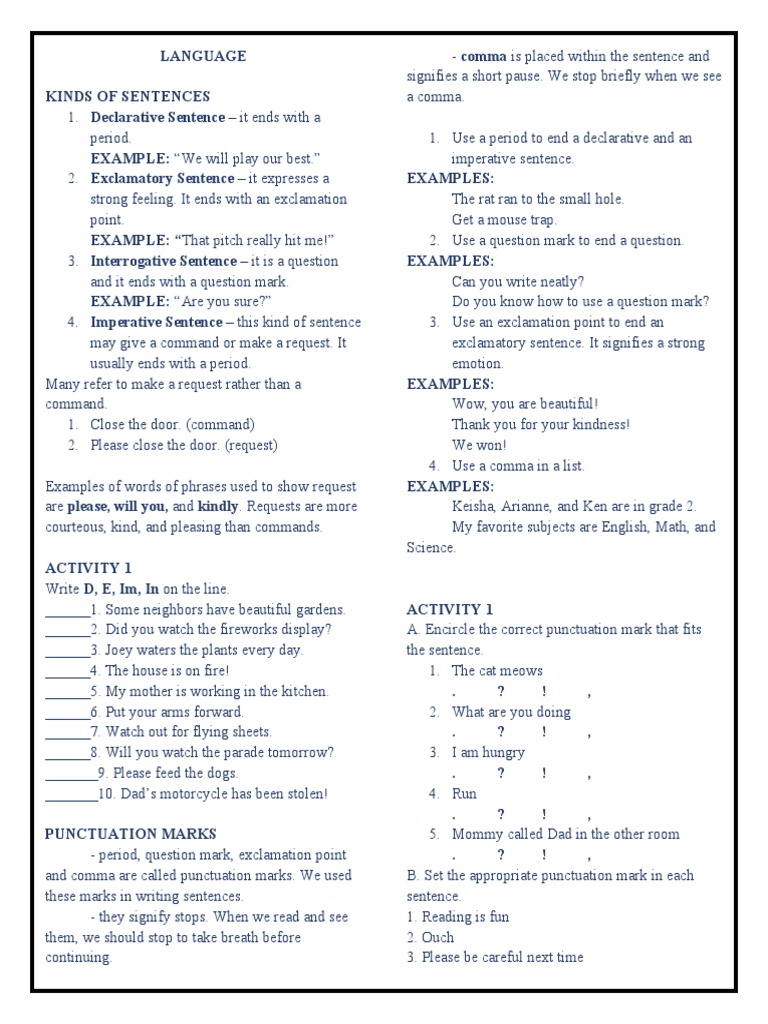 Language Kinds of Sentences | PDF | Sentence (Linguistics) | Question