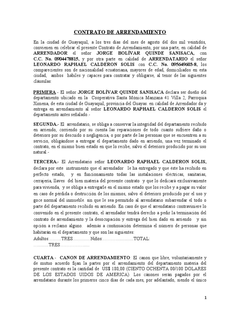 Contrato de arrendamiento de departamento en Guayaquil entre Jorge ...