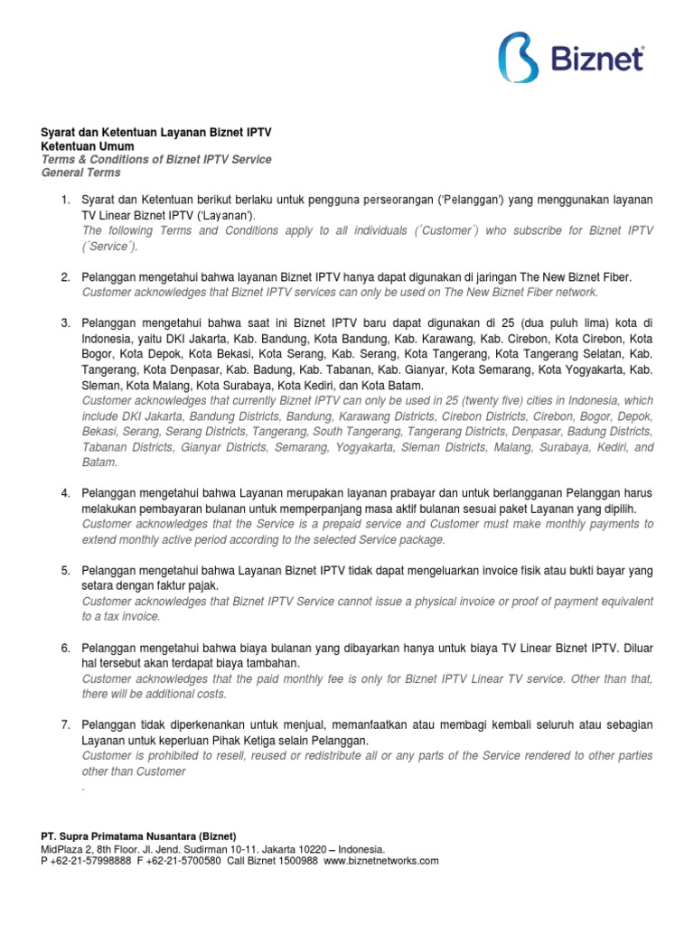 Biznet IPTV - Syarat Dan Ketentuan | PDF | Bisnis | Pengelolaan Keuangan & Uang