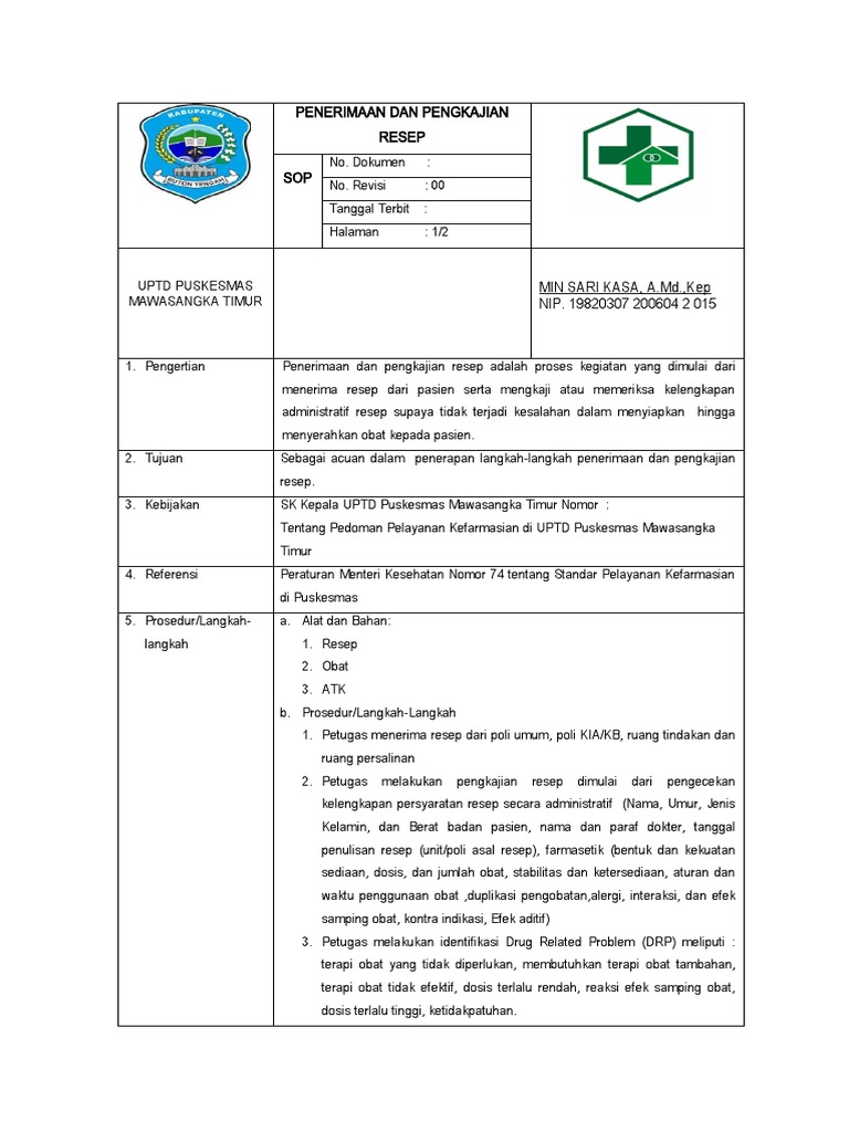 Sop Penerimaan Dan Pengkajian Resep Revisi | PDF