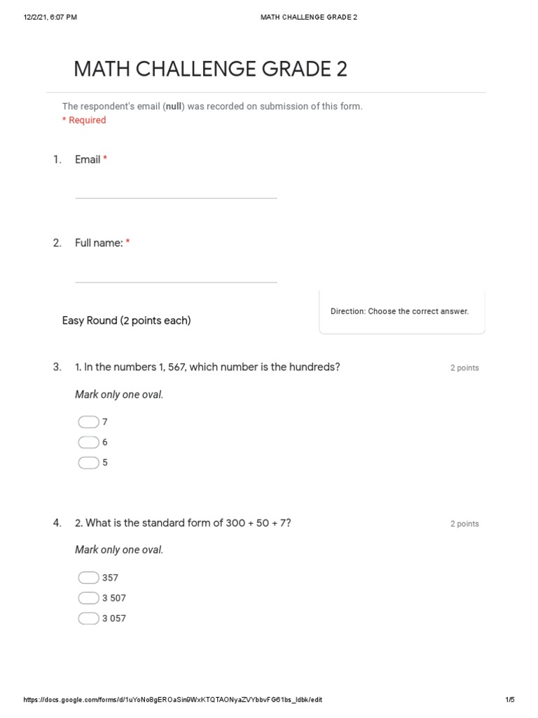 MATH CHALLENGE GRADE 2 - Google Forms | PDF | Subtraction | Mathematics