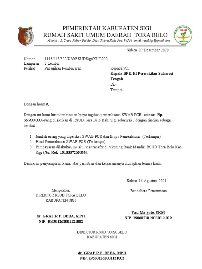 Surat Tagihan Pembayaran RSUD Tora Belo | PDF | Pengelolaan Keuangan & Uang