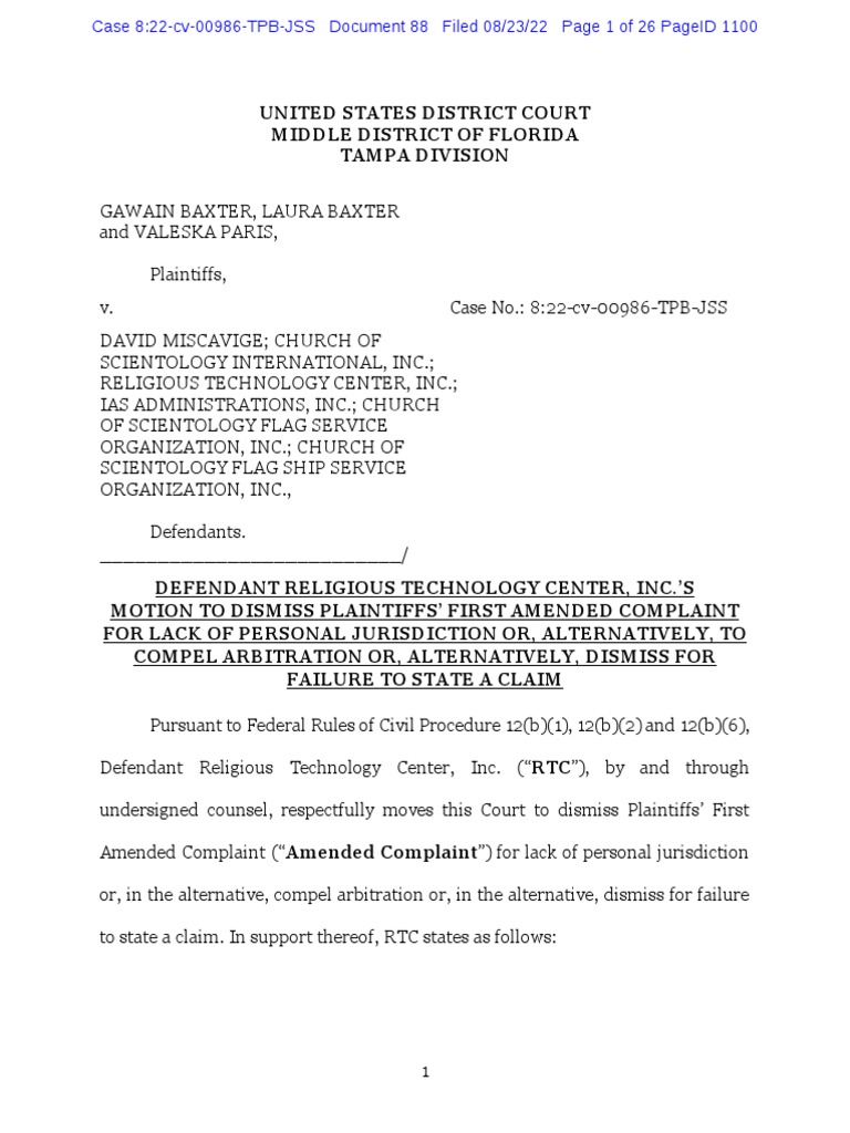 Baxter V Scientology: RTC Motion To Dismiss (Amended Complaint) | PDF ...