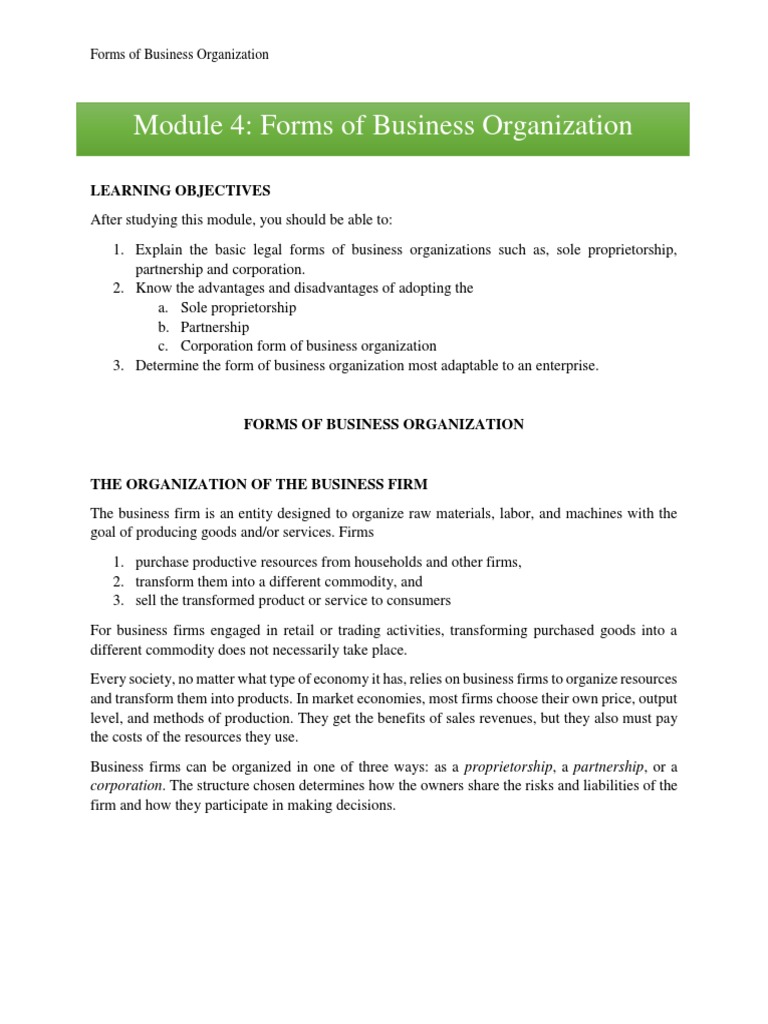 Module 4 - Forms of Business Organization | PDF | Partnership | Business
