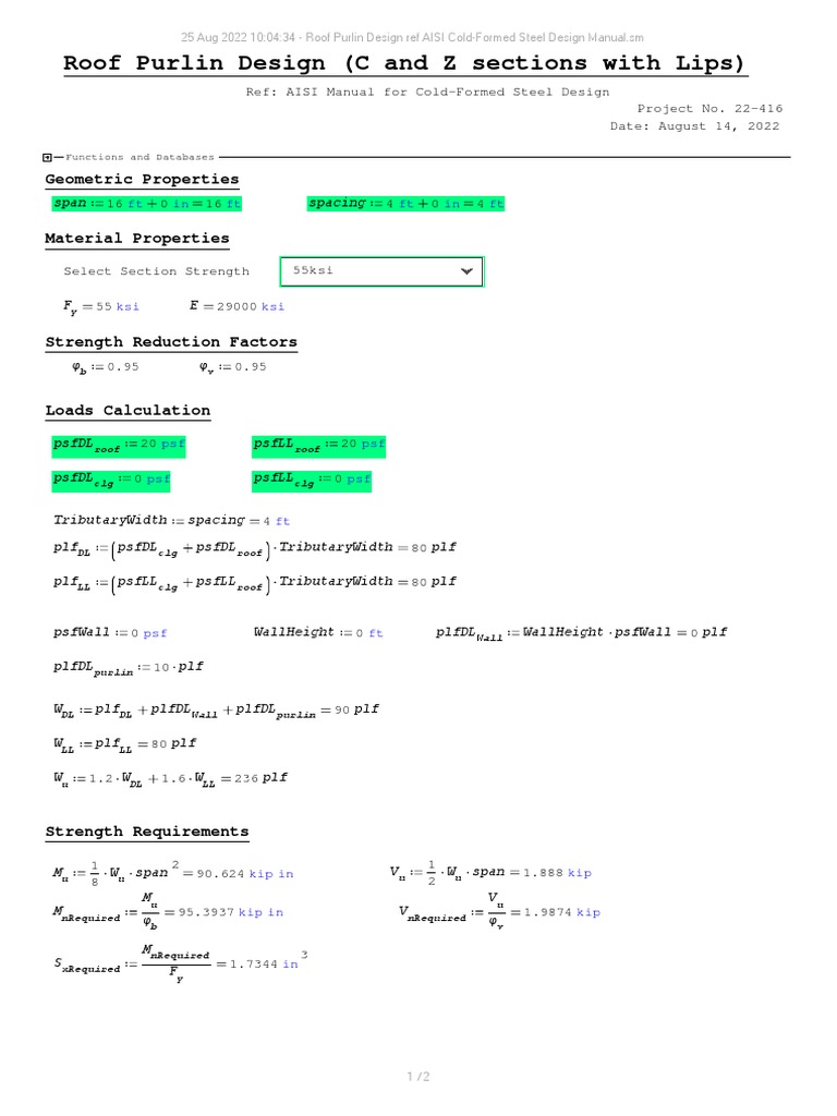 Roof Purlin Design Ref AISI Cold-Formed Steel Design Manual | PDF ...