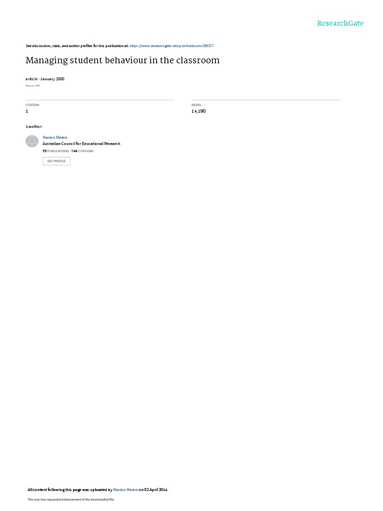 Managing Student Behaviour in The Classroom: January 2008 | PDF | Teachers | Parenting