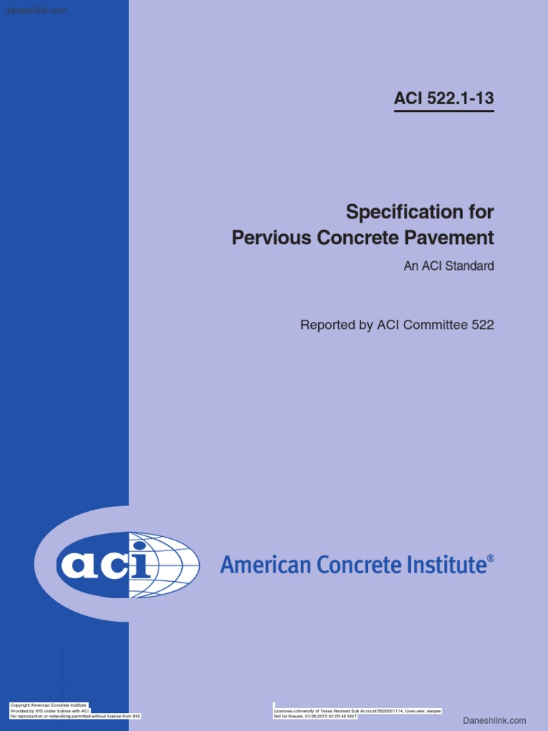 ACI 522.1 13 Specification Pervious Concrete | PDF | Concrete | Specification (Technical Standard)