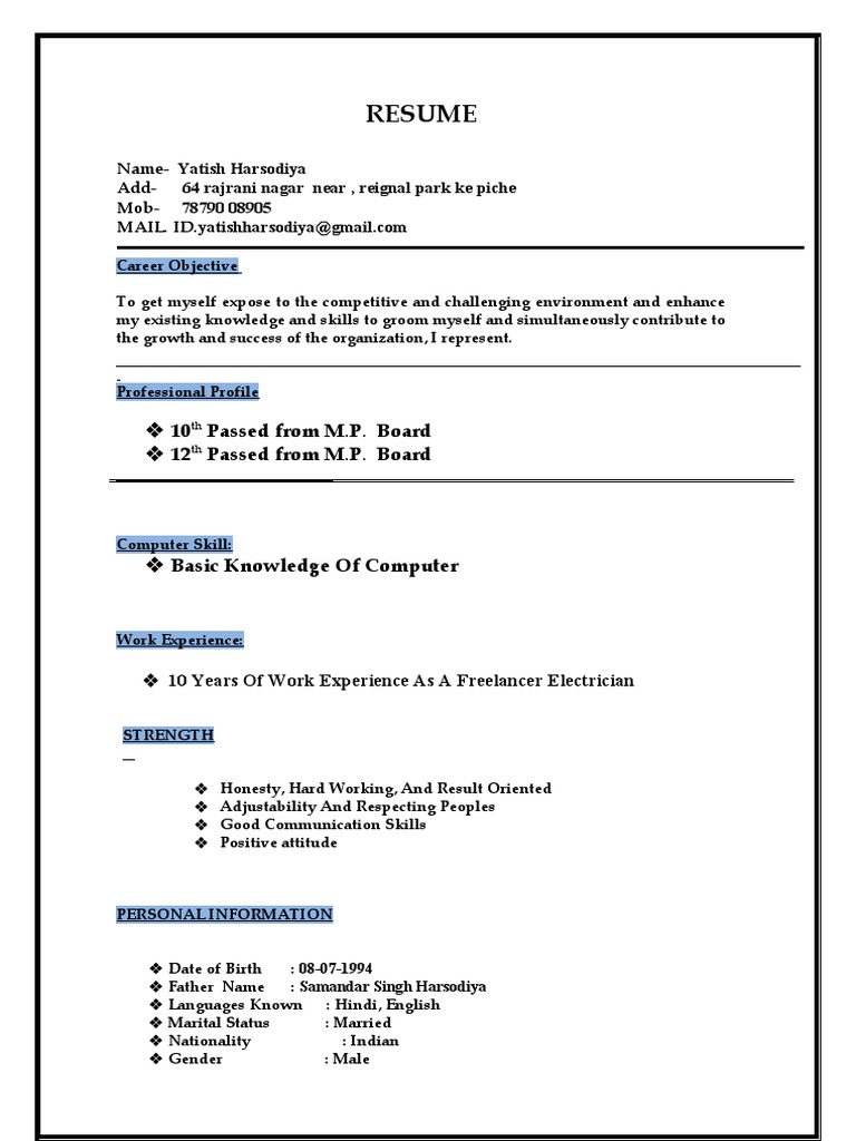Resume for 10th and 12th Pass Student | PDF