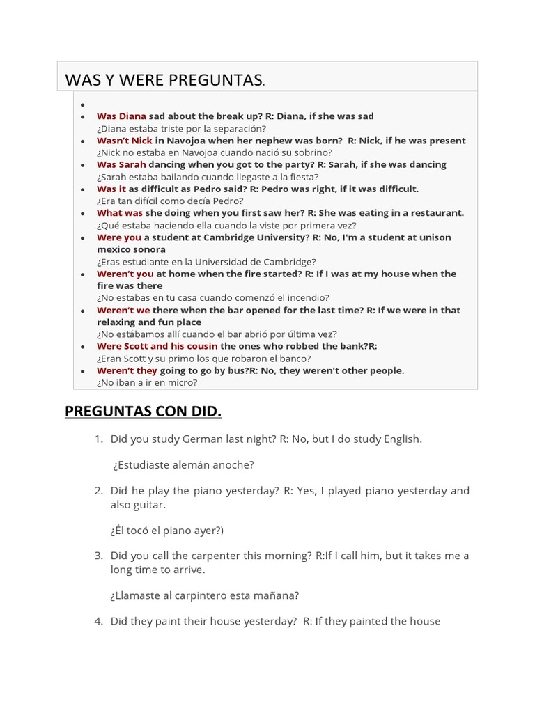 Preguntas Was, Were y Did | PDF