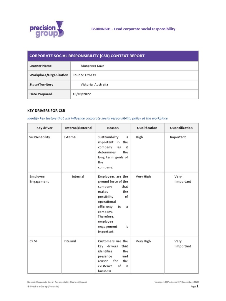 SUS601 Generic Corporate Social Responsibility Context Report Template ...