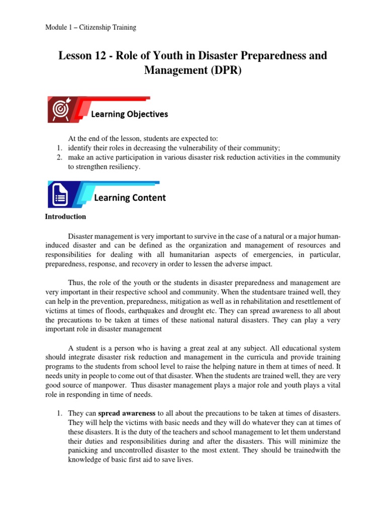 Lesson 12 - Role of Youth in Disaster Preparedness and Management (DPR) | Download Free PDF ...