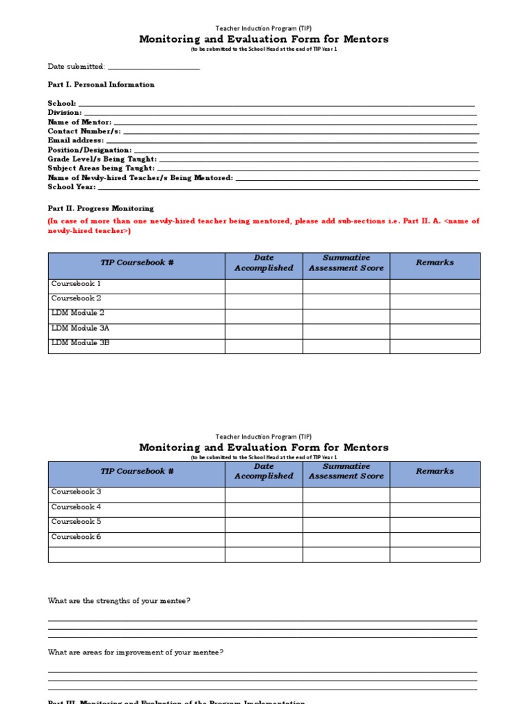 Monitoring and Evaluation Form For Mentors: Teacher Induction Program ...