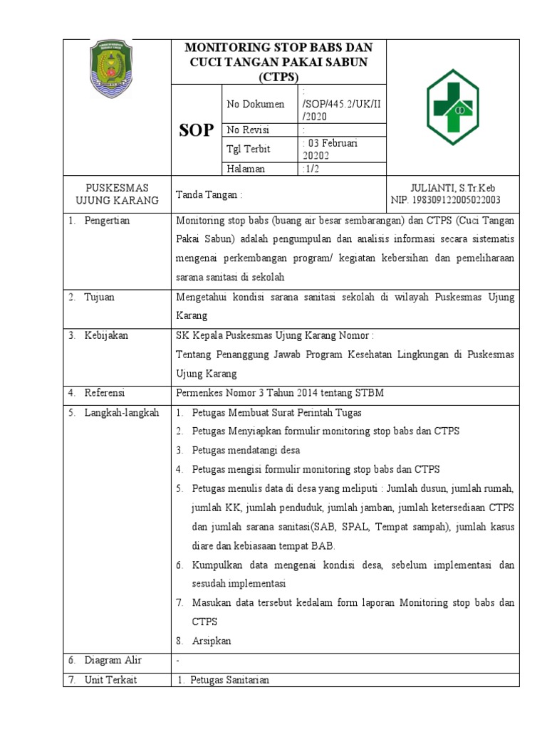 Sop Monitoring Stop Babs Dan Cuci Tangan Pakai Sabun (CTPS) | PDF