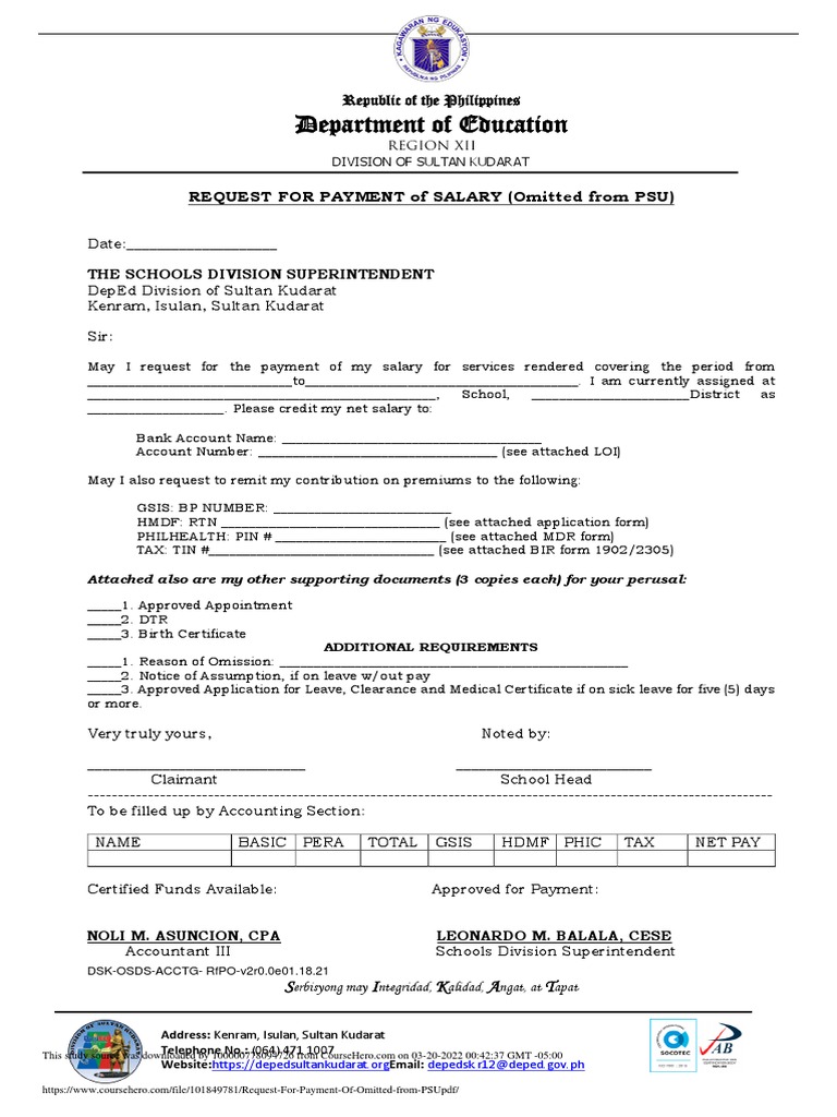 Department of Education: Request For Payment of Salary (Omitted From ...